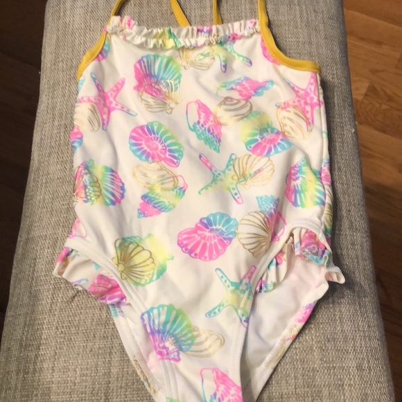 Flapdoodles Swim 2 For 8 Bathing Suit With Gold Rainbow Shells And